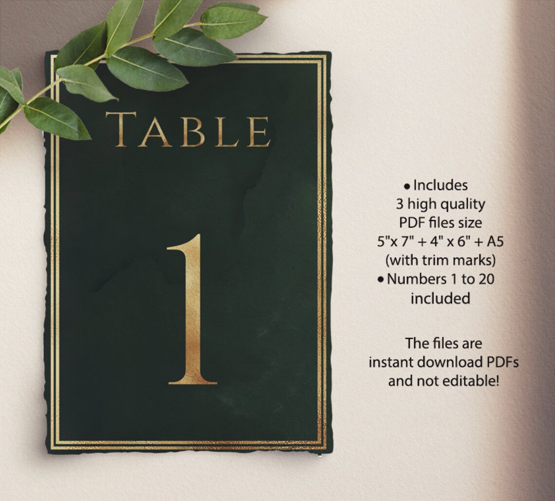 Printable Table Numbers, Emerald Green and Gold Wedding, Elegant Modern ...