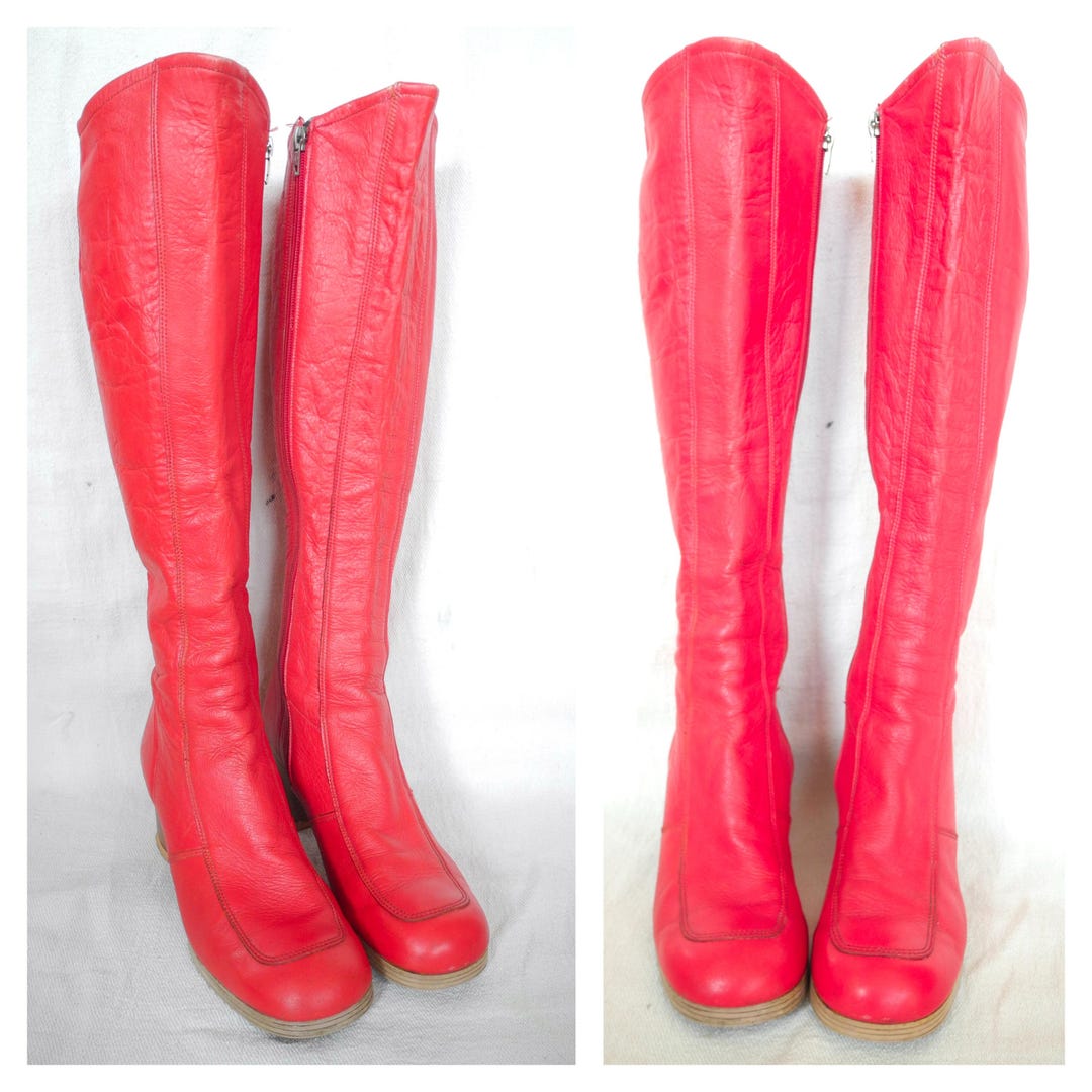 60s Rare Go-go Vintage Red Leather Square Toe Knee High Boots Size UK7 ...