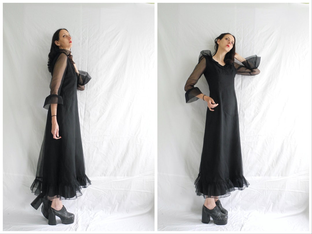 60's /70's Goth/witchy Black Crinkle Chiffon Frill Evening Maxi Dress ...