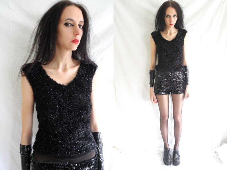 90s Black Goth/cyber/rave Glitter Fuzzy Sleeveless Top/tank. - Etsy