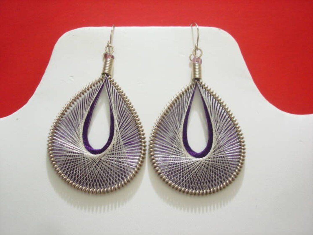 Peruvian Thread Earrings Silver and Purpose Colors Assorted Size - Etsy