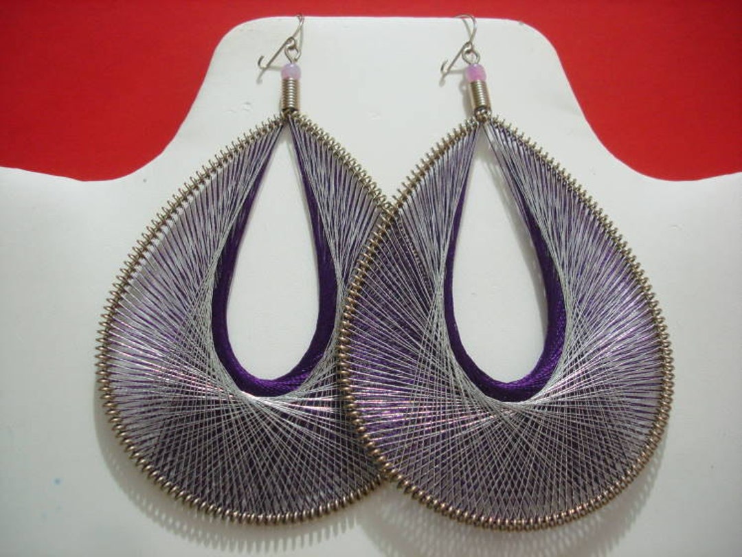 Peruvian Thread Earrings Silver and Purple Colors Large Size - Etsy