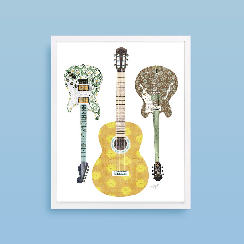 Retro Guitars Collage Art Print | Etsy