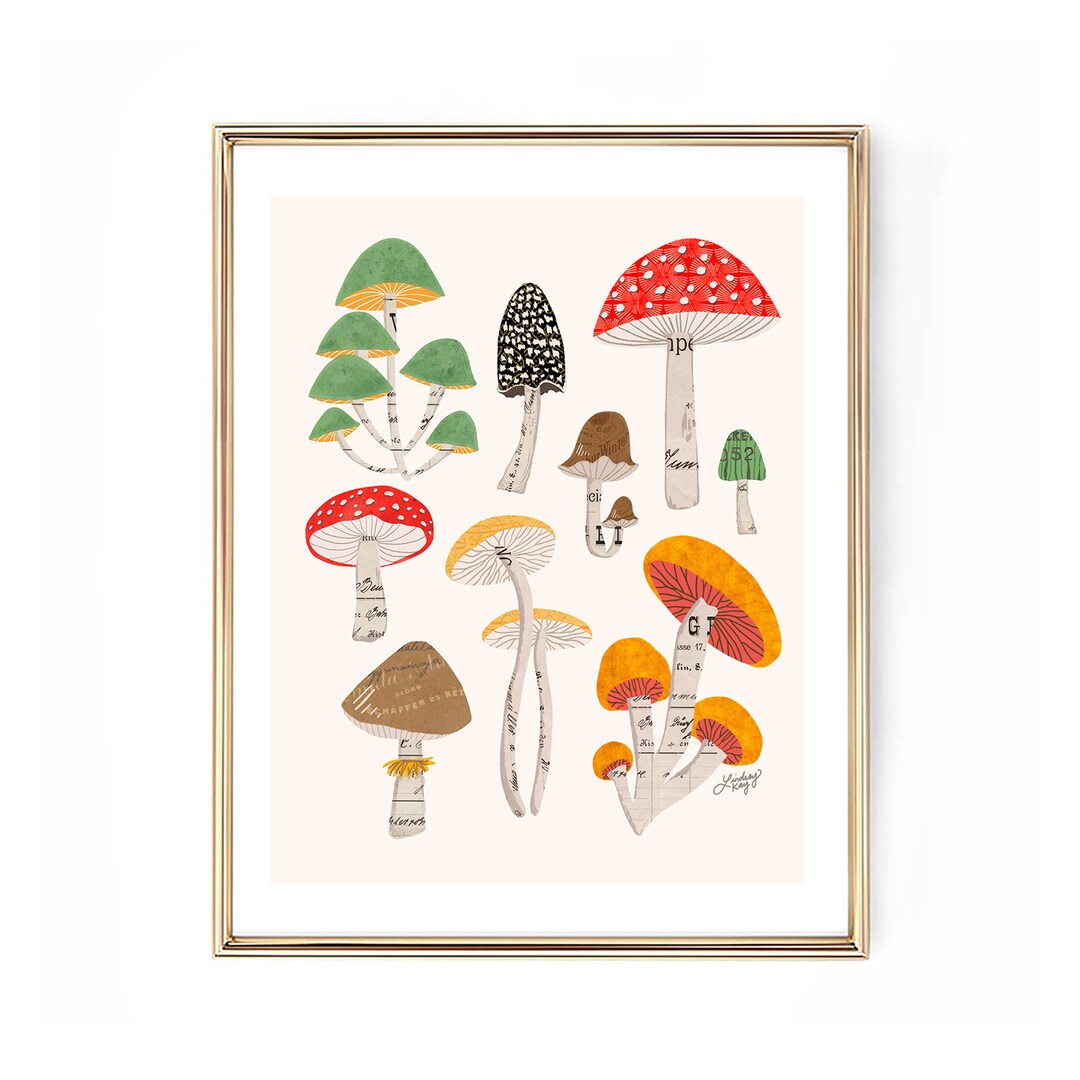 Colorful Mushrooms, Collage Illustration, Art Print, Nature Wall Art ...
