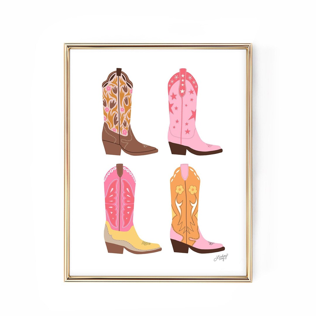 Cowboy Boots Illustration (pink/yellow Palette) Vertical - Art Print - Etsy