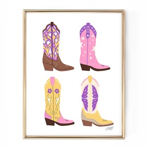 Cowboy Boots Illustration (pink/yellow Palette) Vertical - Art Print - Etsy