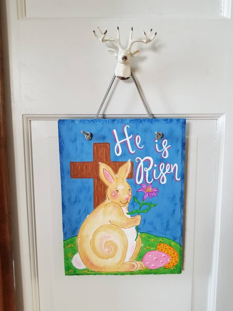 He Is Risen Easter Welcome signhand painted slateEaster | Etsy