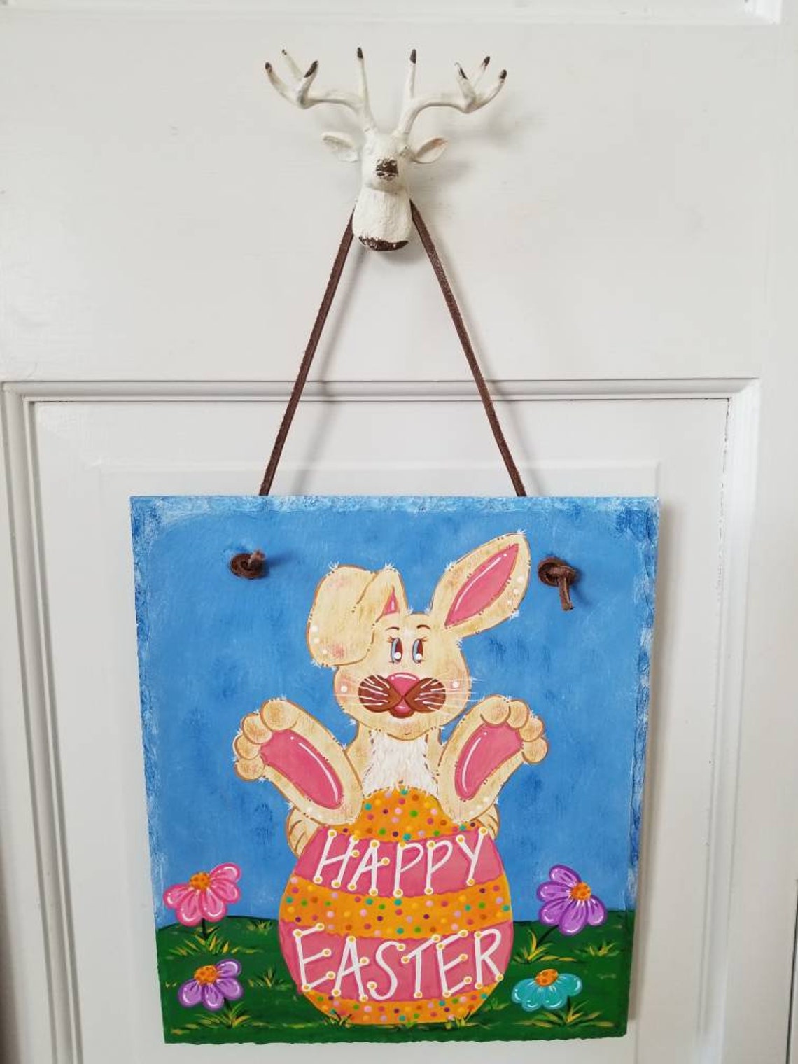 Happy Easter Welcome Sign,hand Painted Slate,easter Decor,bunny Decor ...