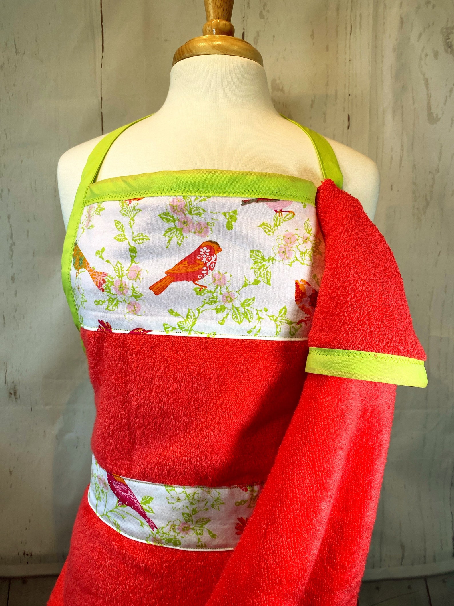 Bird Themed Baby Bathing Apron, Coral and Lime Green. Perfect Baby ...