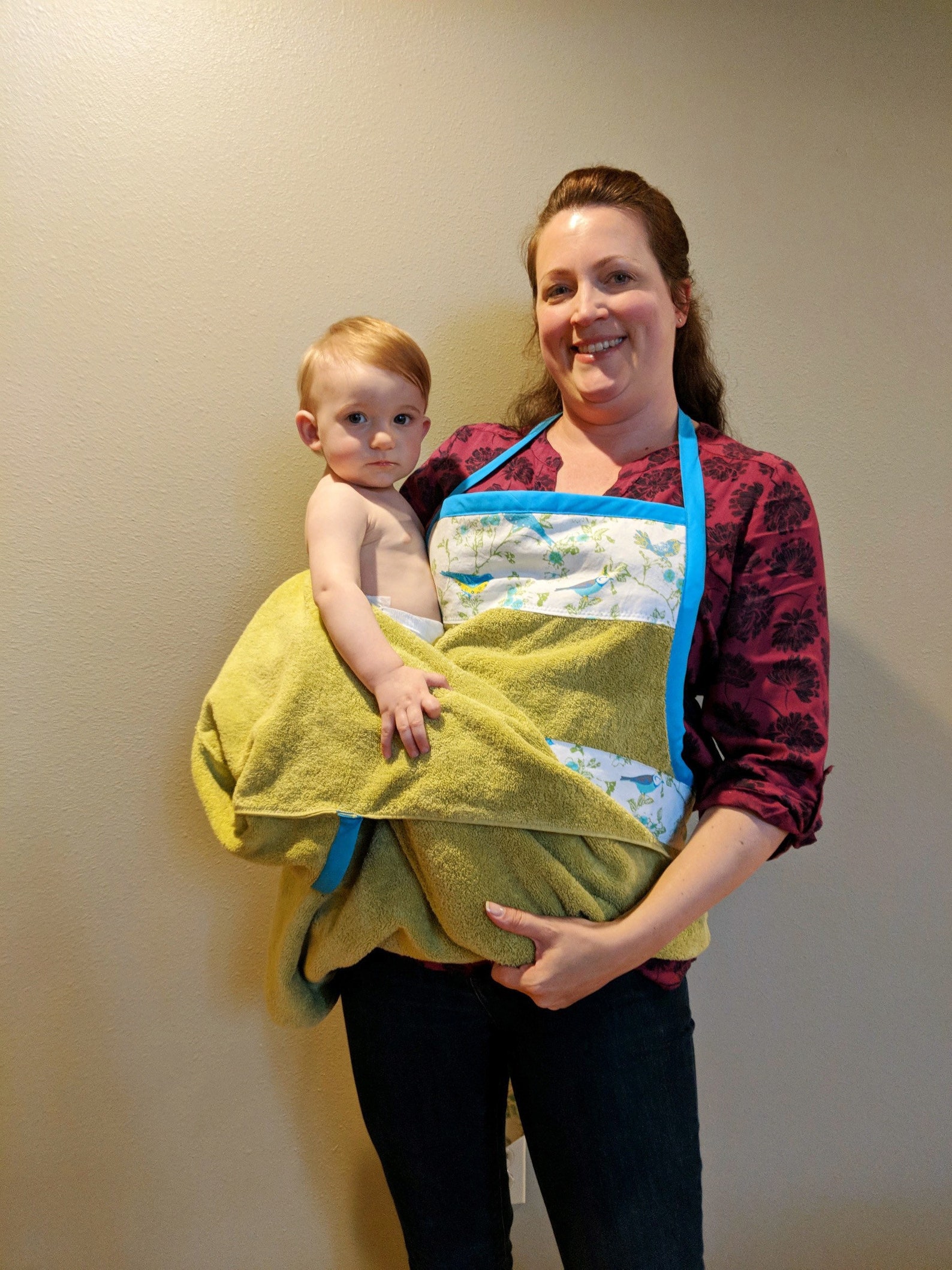 Bird Themed Baby Bathing Apron, Coral and Lime Green. Perfect Baby ...