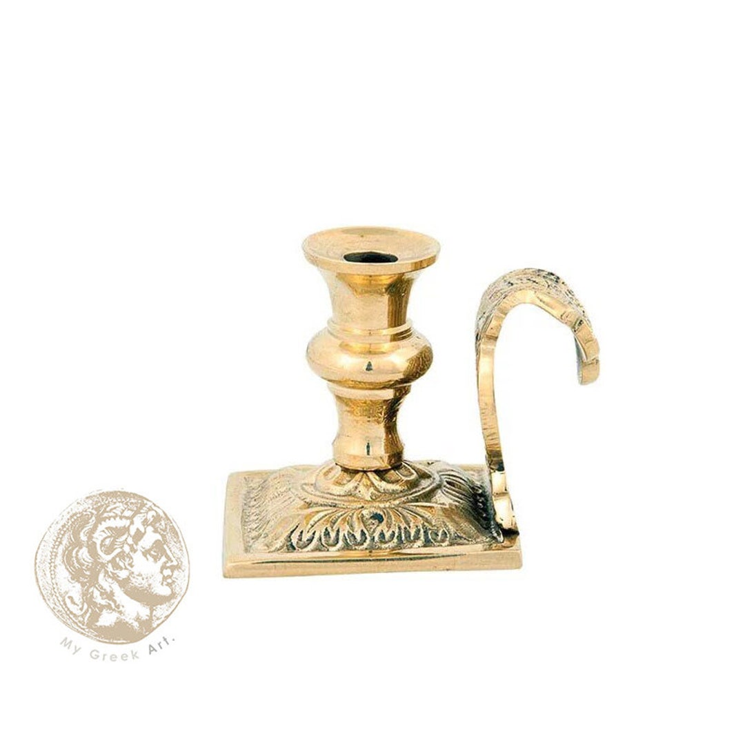 Brass Candlestick With Handle and Carved Base, Candle Holder for ...