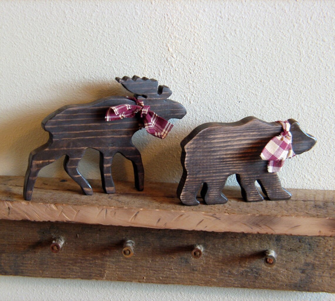Two Rustic Wood Moose Set of Two Brown Wooden Lodge Moose - Etsy