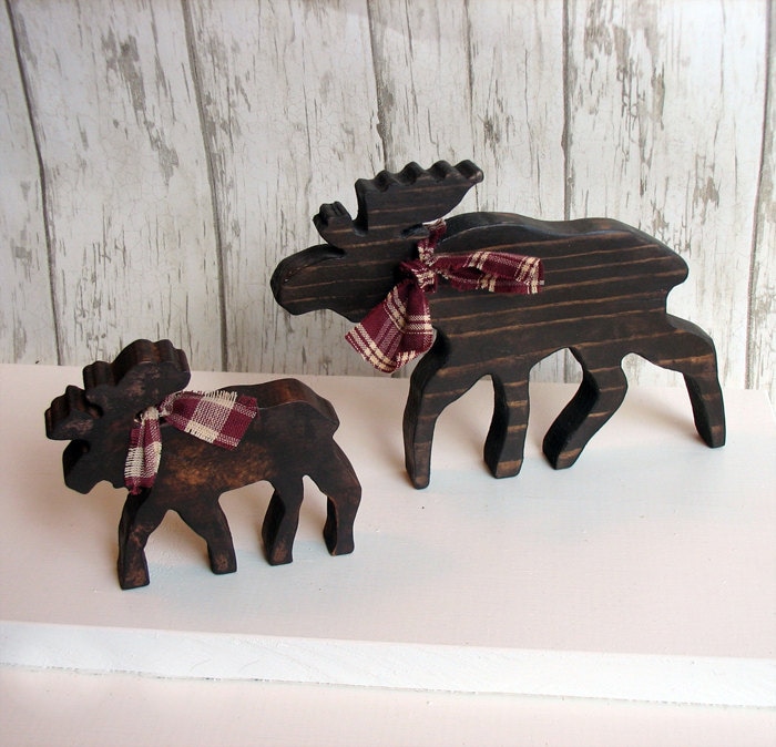 Two Rustic Wood Moose Set of Two Brown Wooden Lodge Moose - Etsy