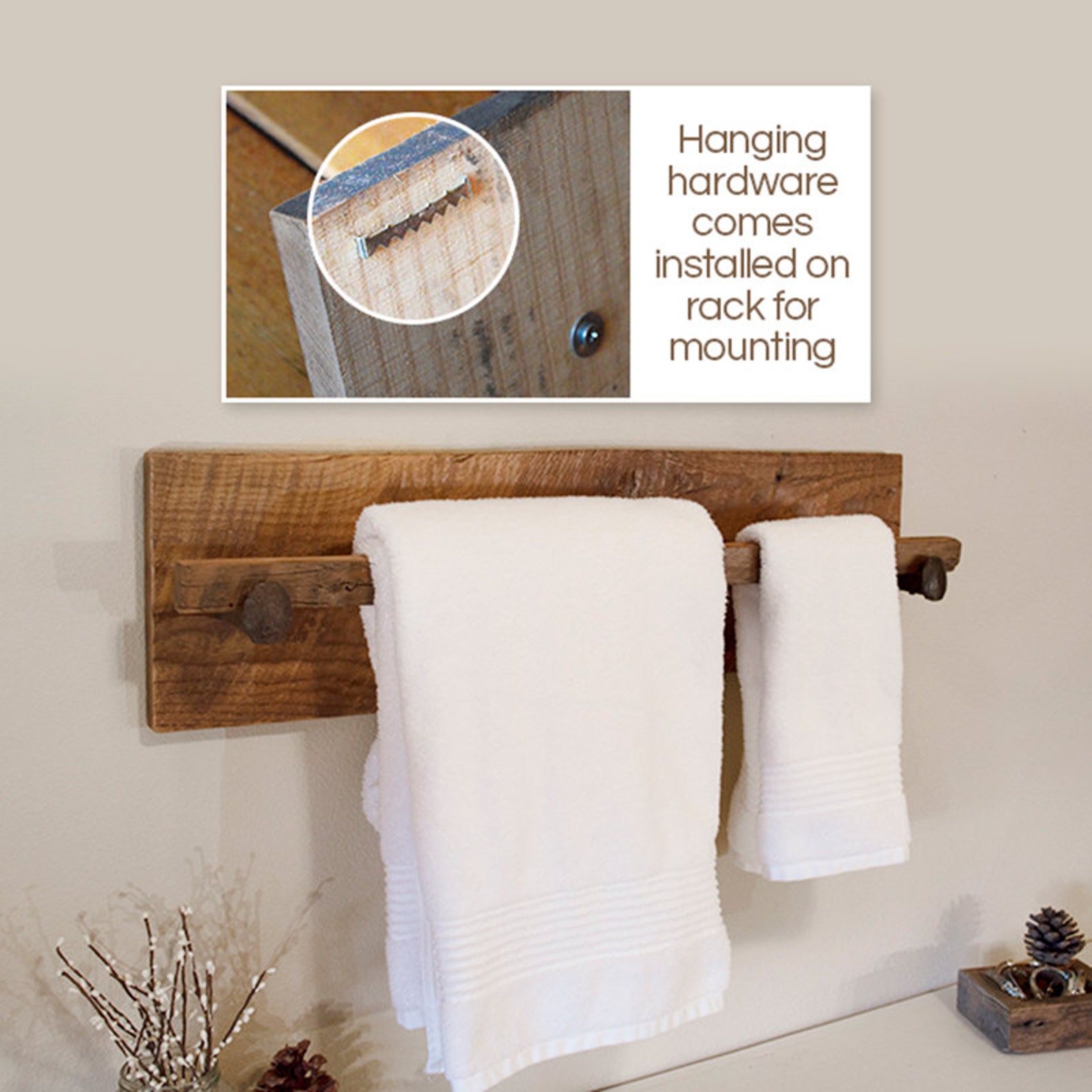 Rustic Wood Towel Rack - Large, Reclaimed Towel Hanger With Railroad ...