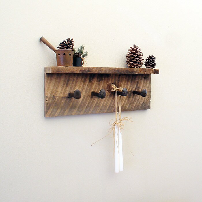 Reclaimed Wood Shelf With Coat Hooks. Rustic Shelf. Barn Wood - Etsy