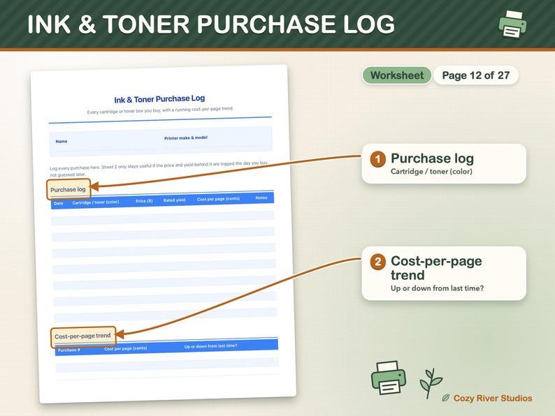 Printer Ink Cost Tracker Printable, Cost per Page Worksheet, Ink and ...