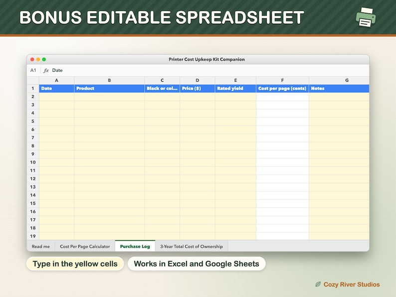 Printer Ink Cost Tracker Printable, Cost per Page Worksheet, Ink and ...