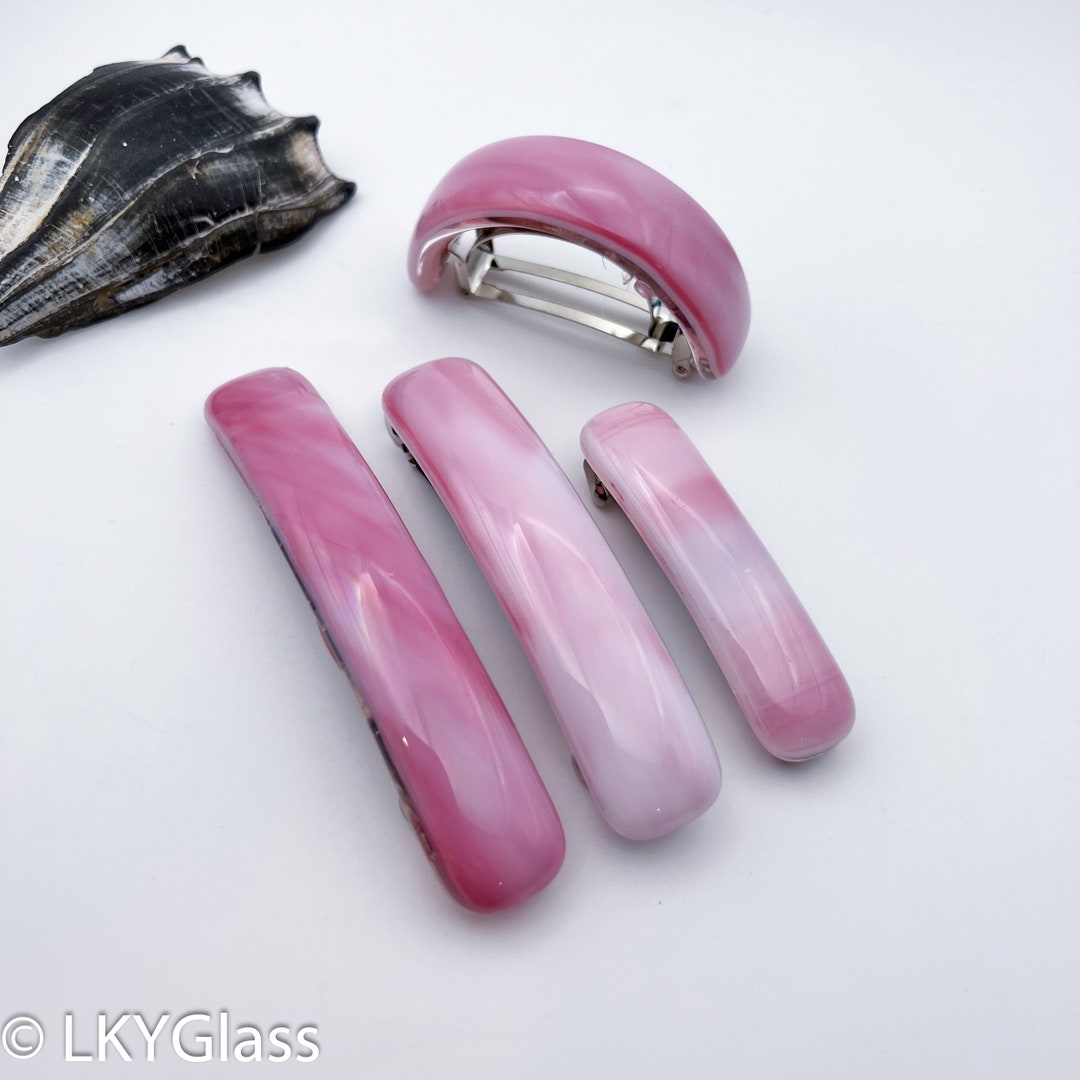 Blended Pastel Pink and White Fused Glass Barrette, Rubber Backed ...