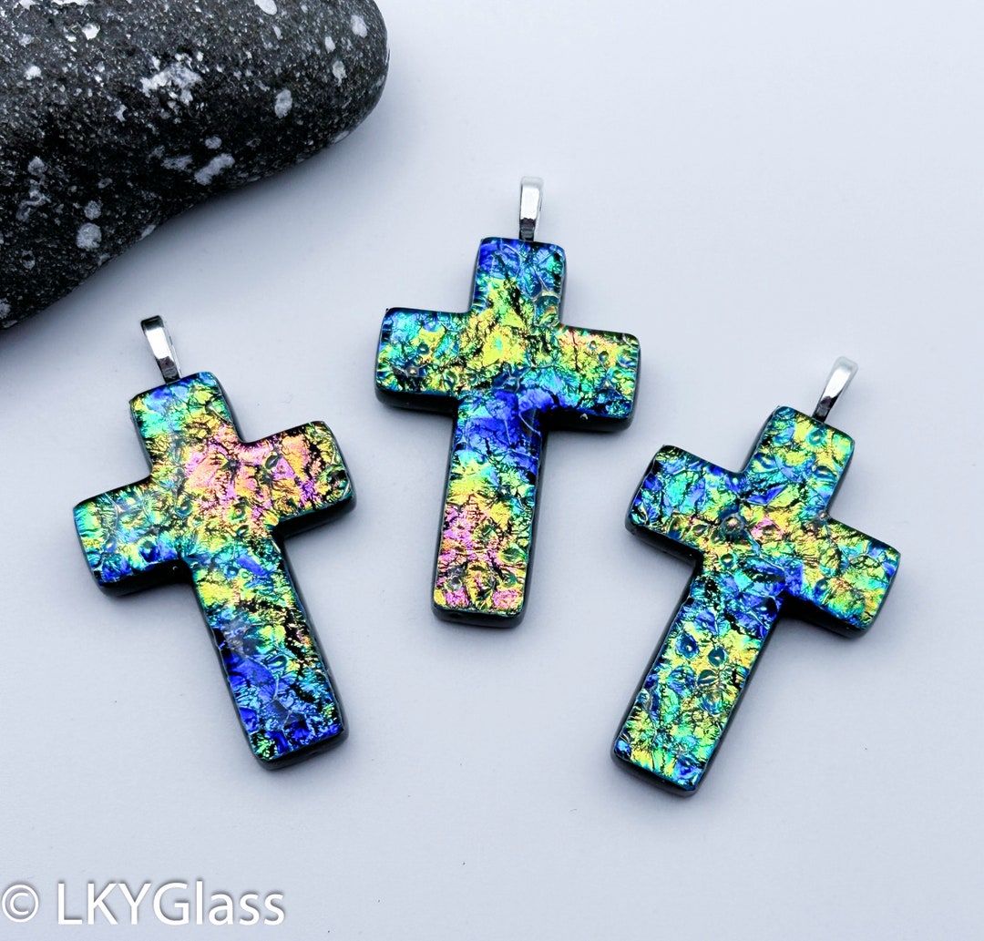 Handmade Multicolor Dichroic Glass Cross Necklace, Black Pink Gold Blue ...