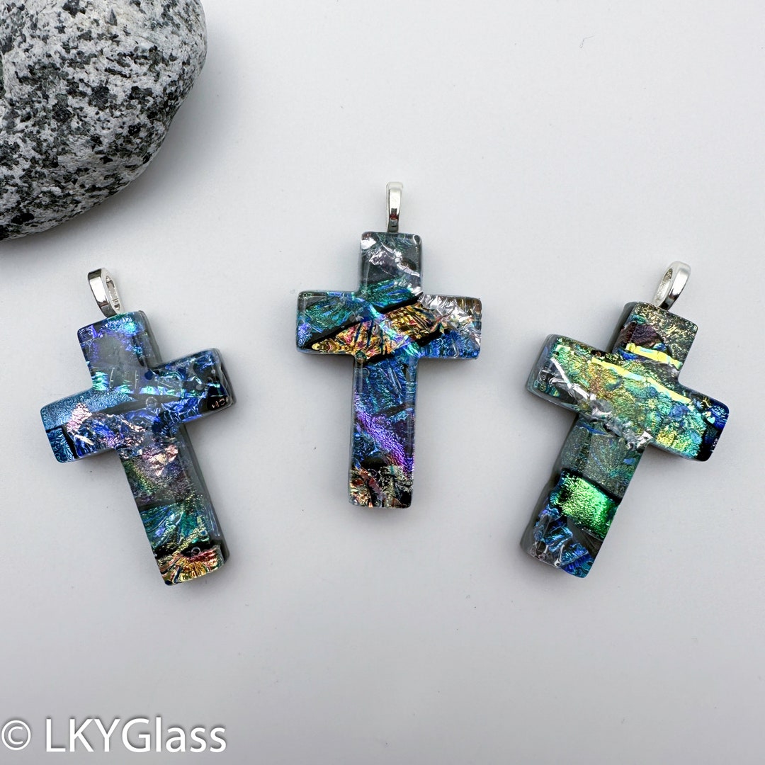 Gray Dichroic Glass Cross, Rainbow Fused Glass Cross, Dichroic Cross ...