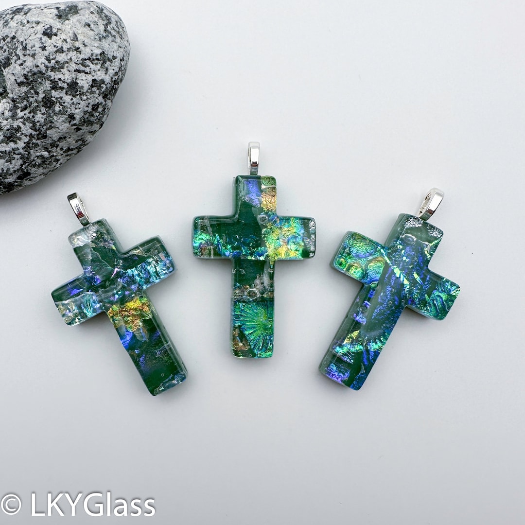 Classy Green Gold Rainbow Glass Cross, Fused Glass Cross, Dichroic ...