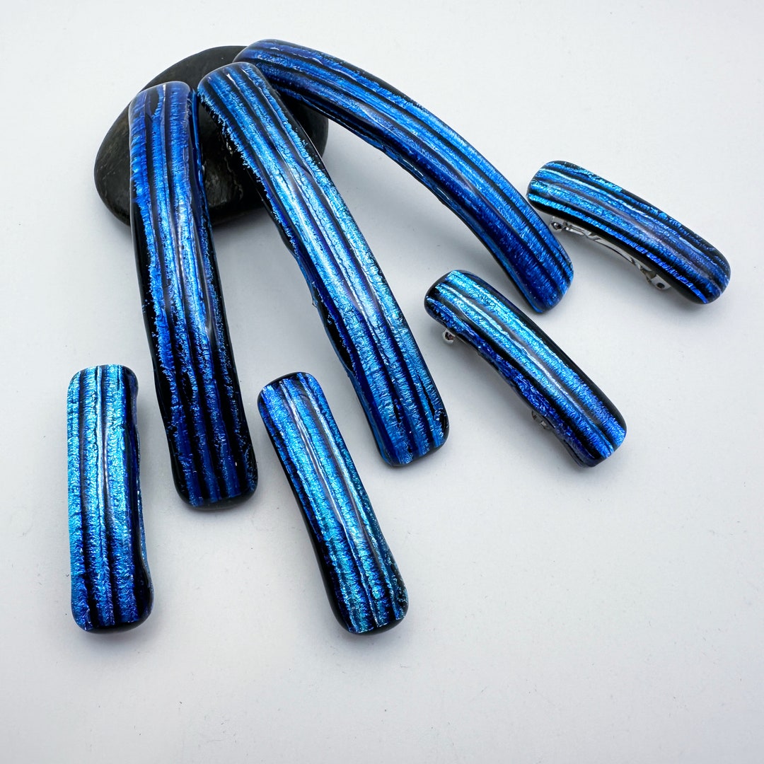Blue Black Dichroic Striped Glass Hair Barrette, Stylish Unisex Hair ...