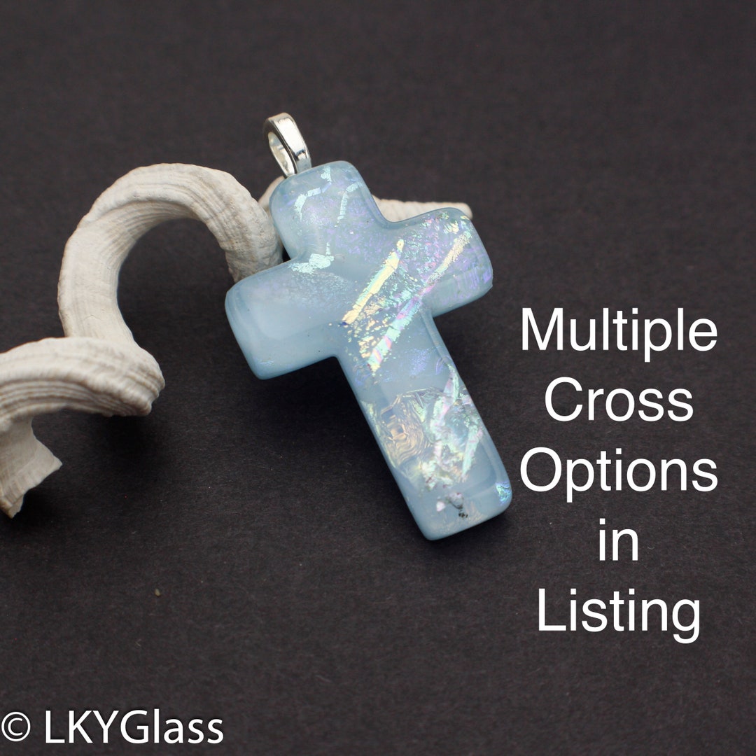 Handmade Colorful Powder Blue Dichroic Glass Cross Necklace, Rainbow ...