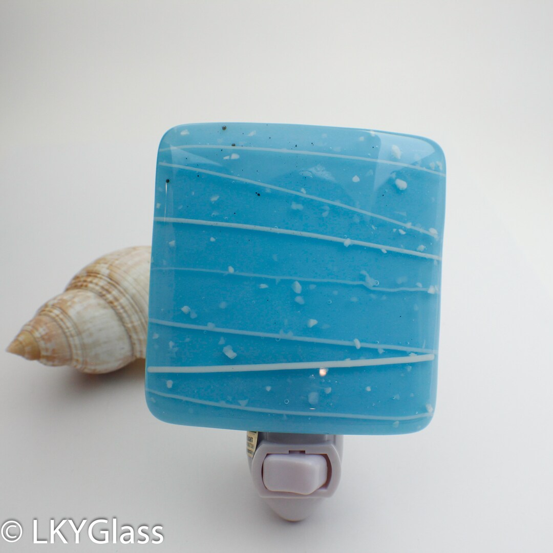 Original Turquoise Blue White Striped Night Light, Fused Glass Night ...