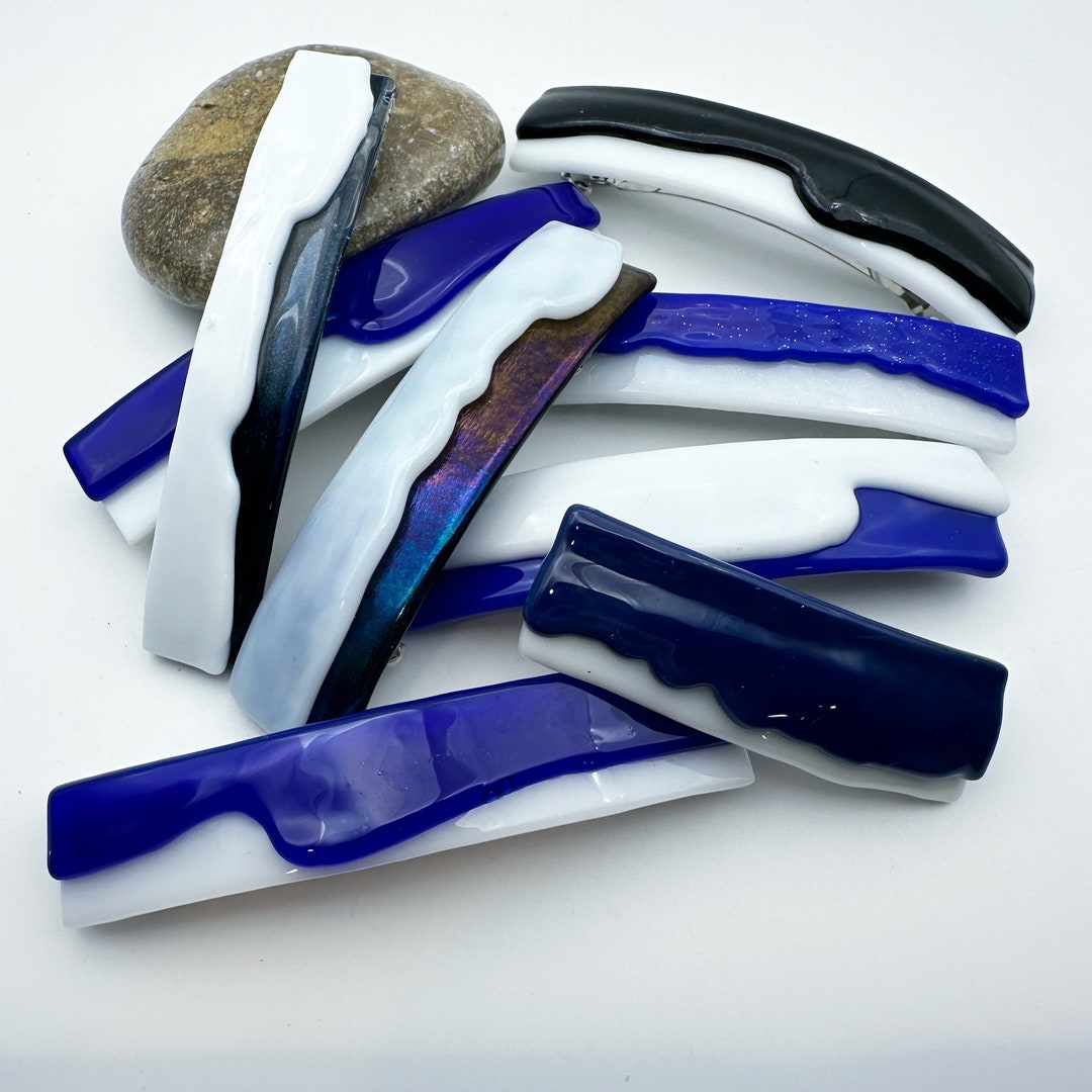 Blue White Glass Barrette, Large Blue Barrette, French Clip, Rubber ...