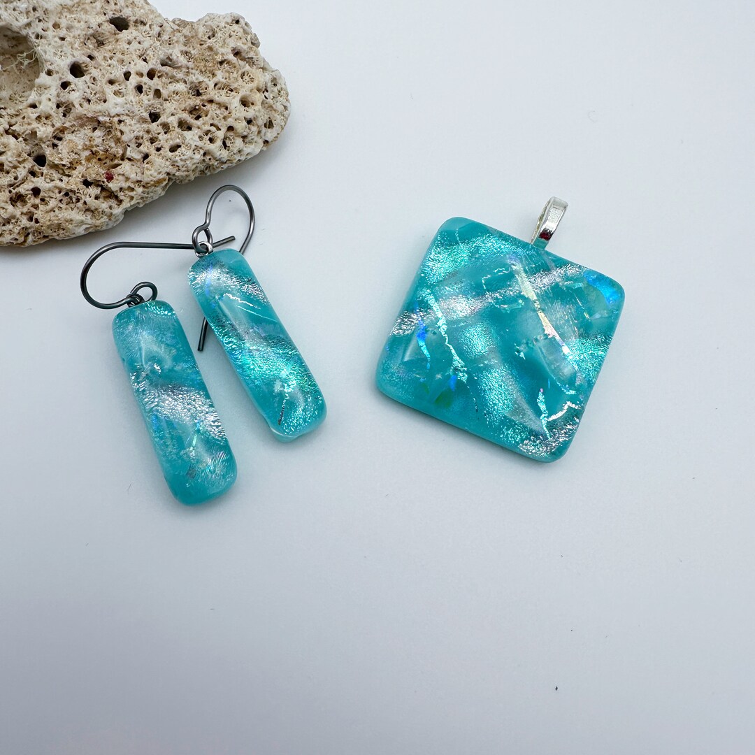 Turquoise Blue Pendant Necklace and Earring Set, Aqua Blue Fused Glass ...