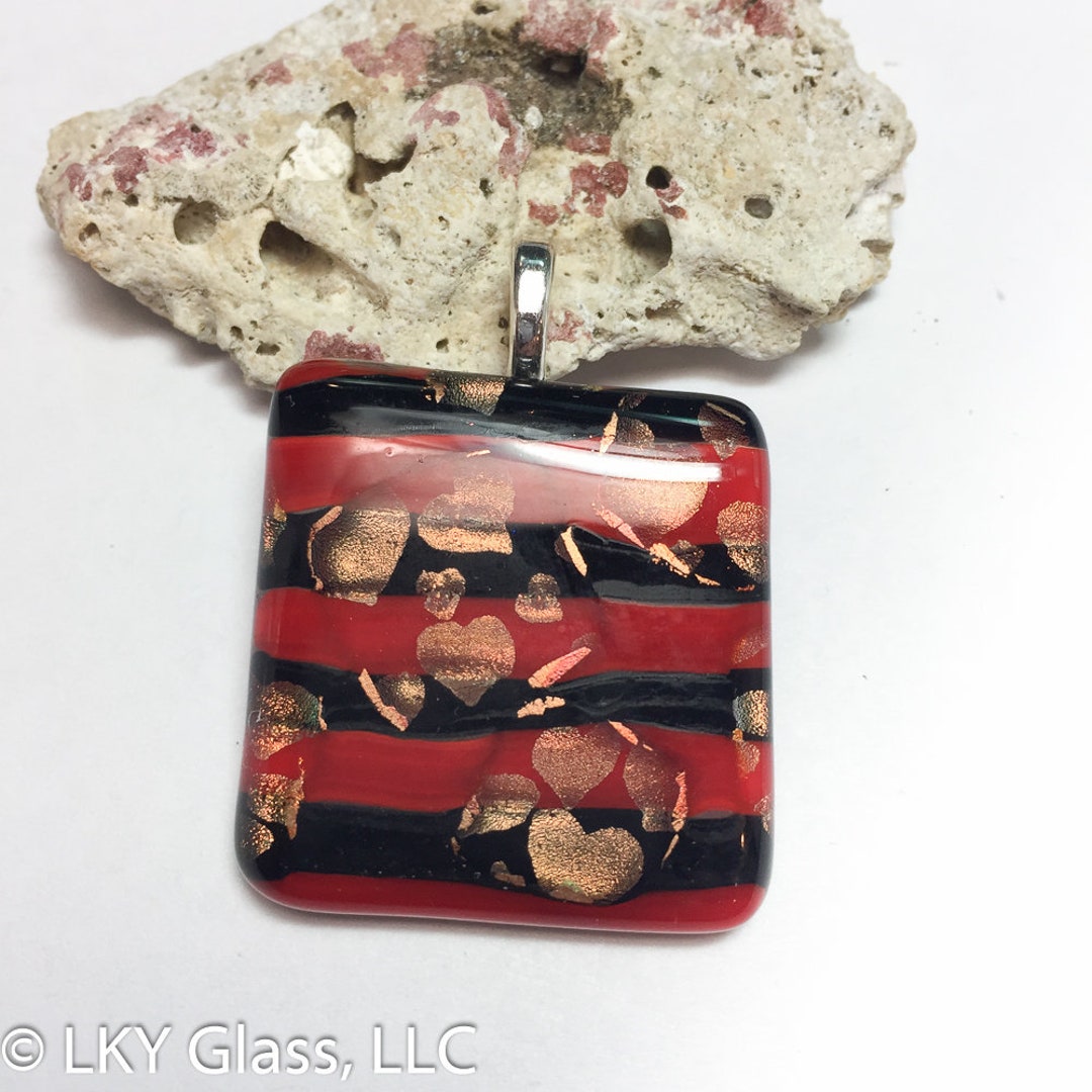 Striped Red and Black Dichroic Glass Necklace With Hearts, Dichroic ...