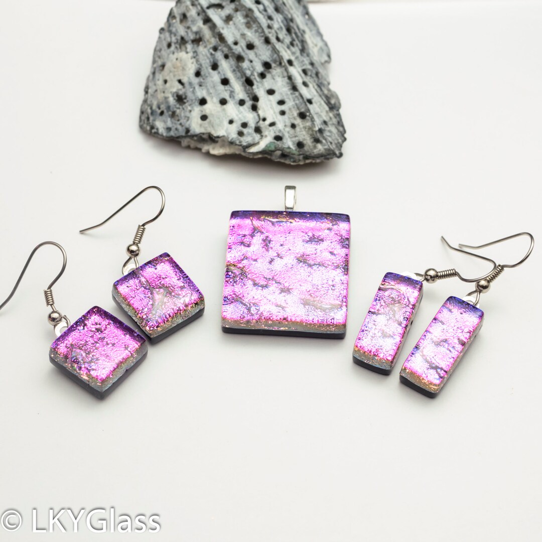Bright Vibrant Pink Dichroic Glass Necklace Earring Set, Fused Glass ...