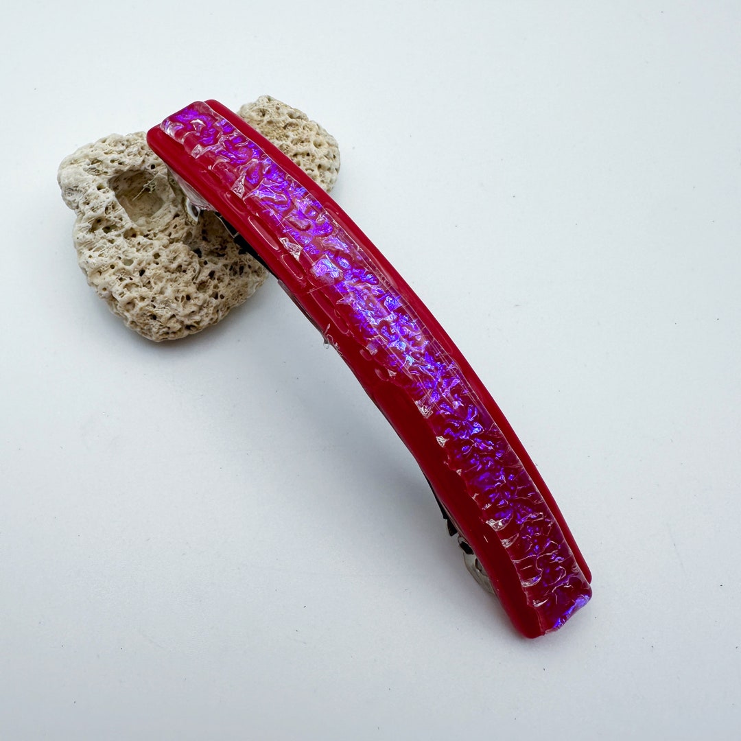 3 3/4 Tomato Red Glass Barrette With a Stripe of Purple Dichroic Glass ...