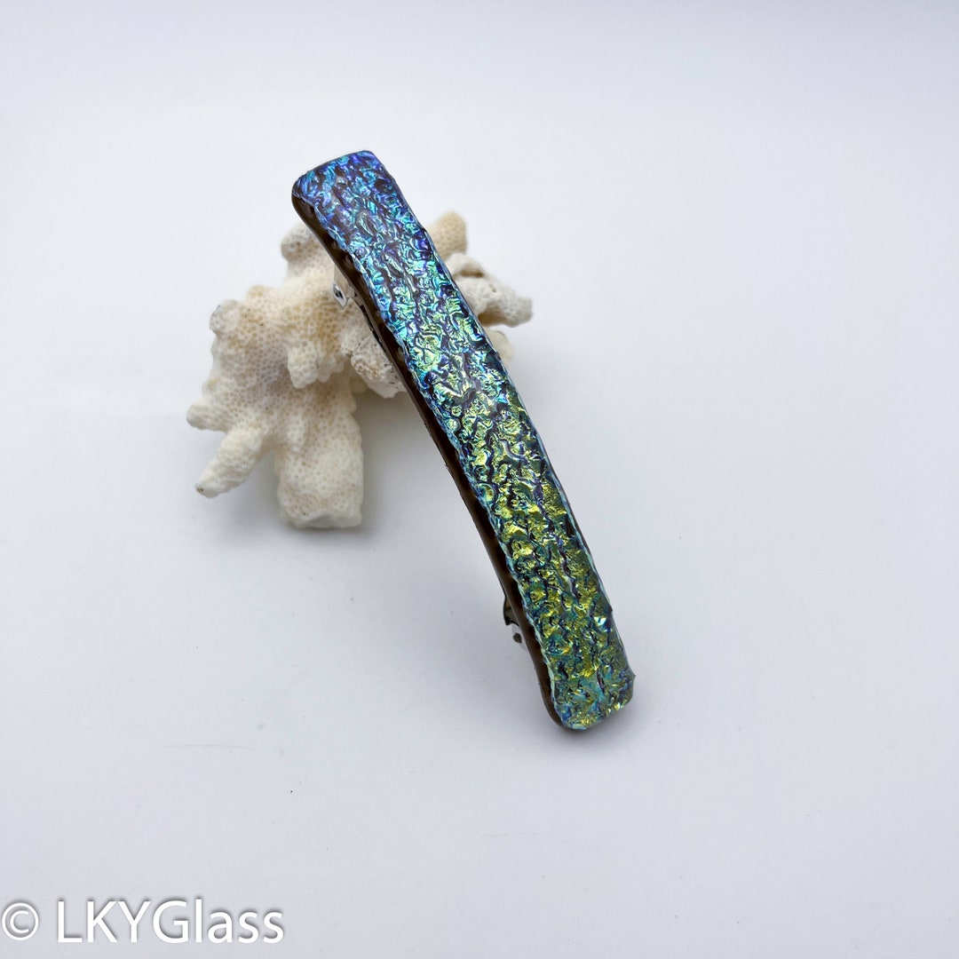 Sparkling Large Green to Gold Dichroic Glass Barrette, Thick Hair ...