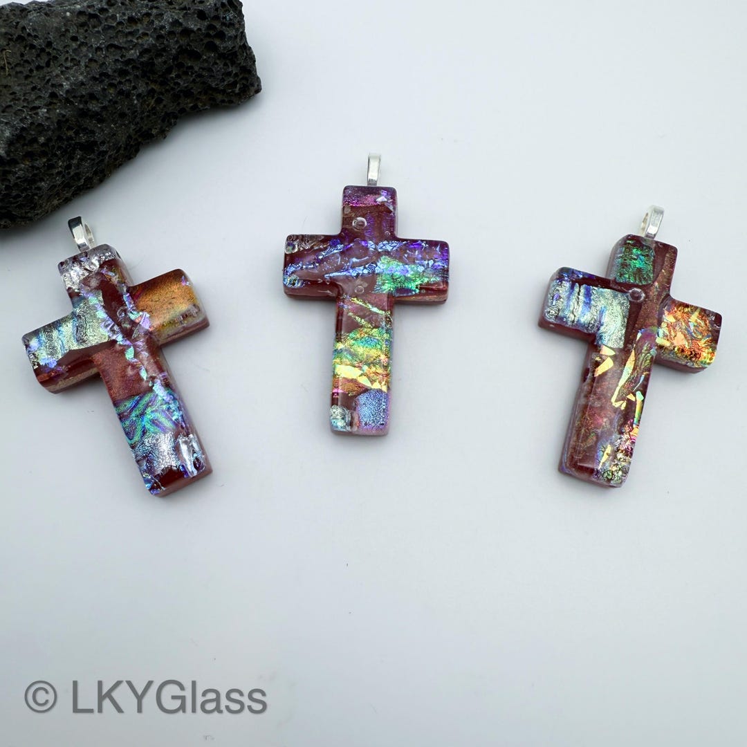 Stunning Red Dichroic Glass Cross Necklace, Rainbow Fused Glass Cross ...