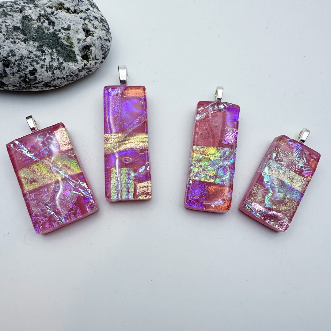 Deep Rose Pink Dichroic Glass Pendant, Fused Glass Jewelry, Rectangle ...