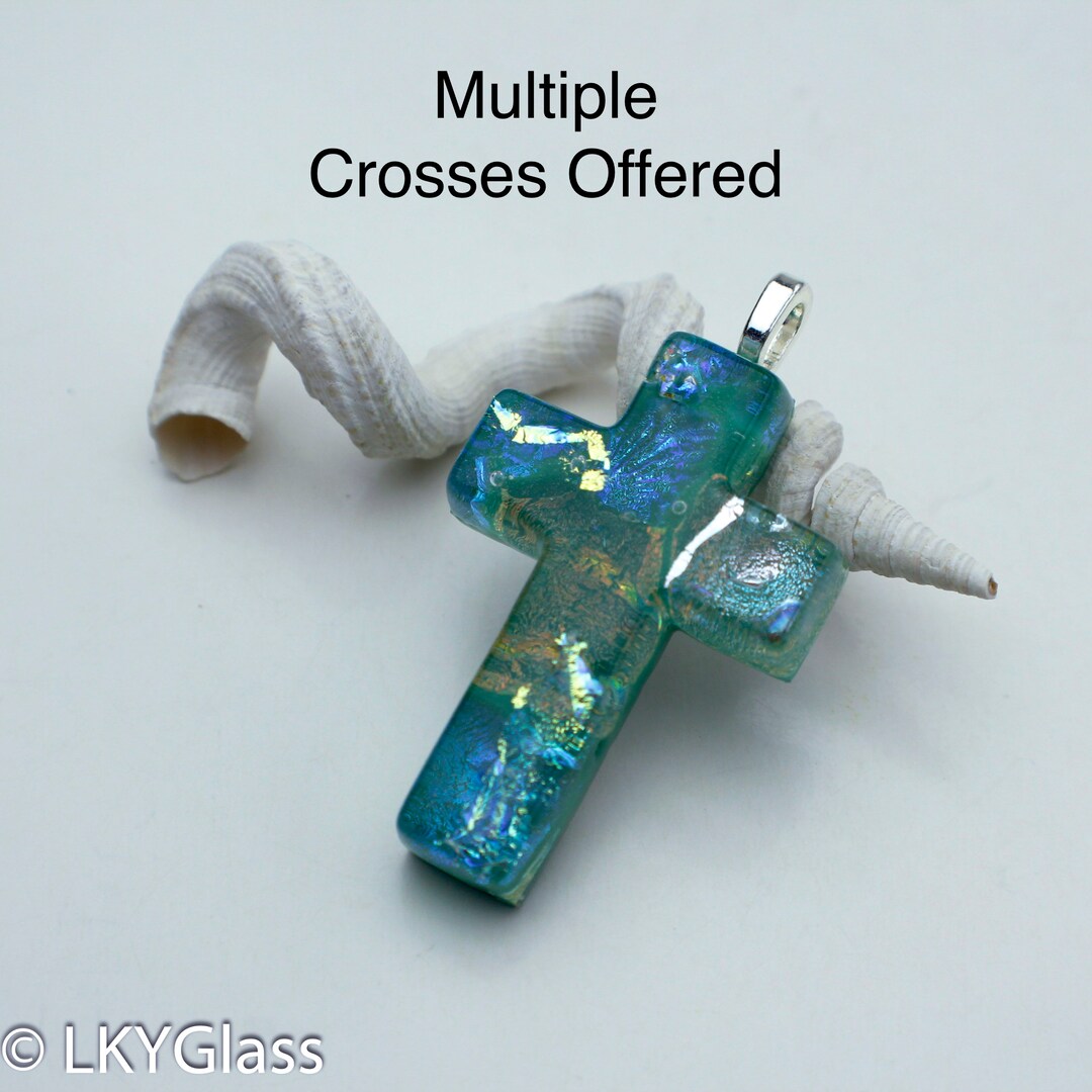 Eye-catching Green Dichroic Glass Cross Pendant, Green Blue Fused Glass ...