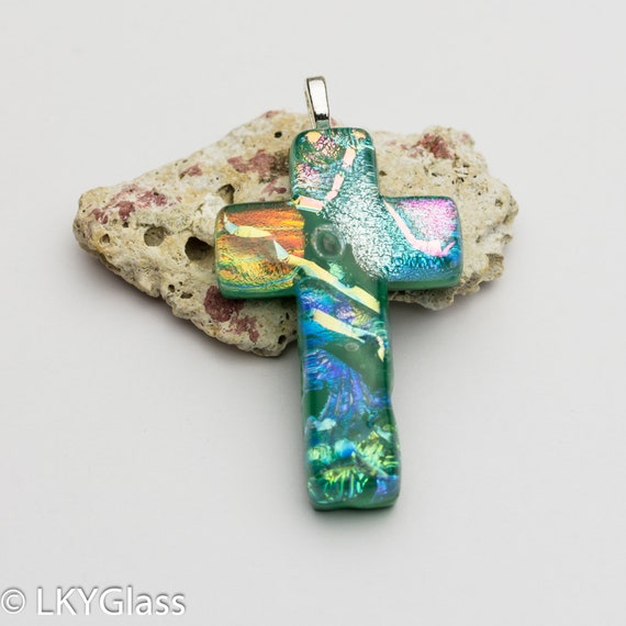 Green Dichroic Glass Cross Pendant Green Dichroic Cross | Etsy
