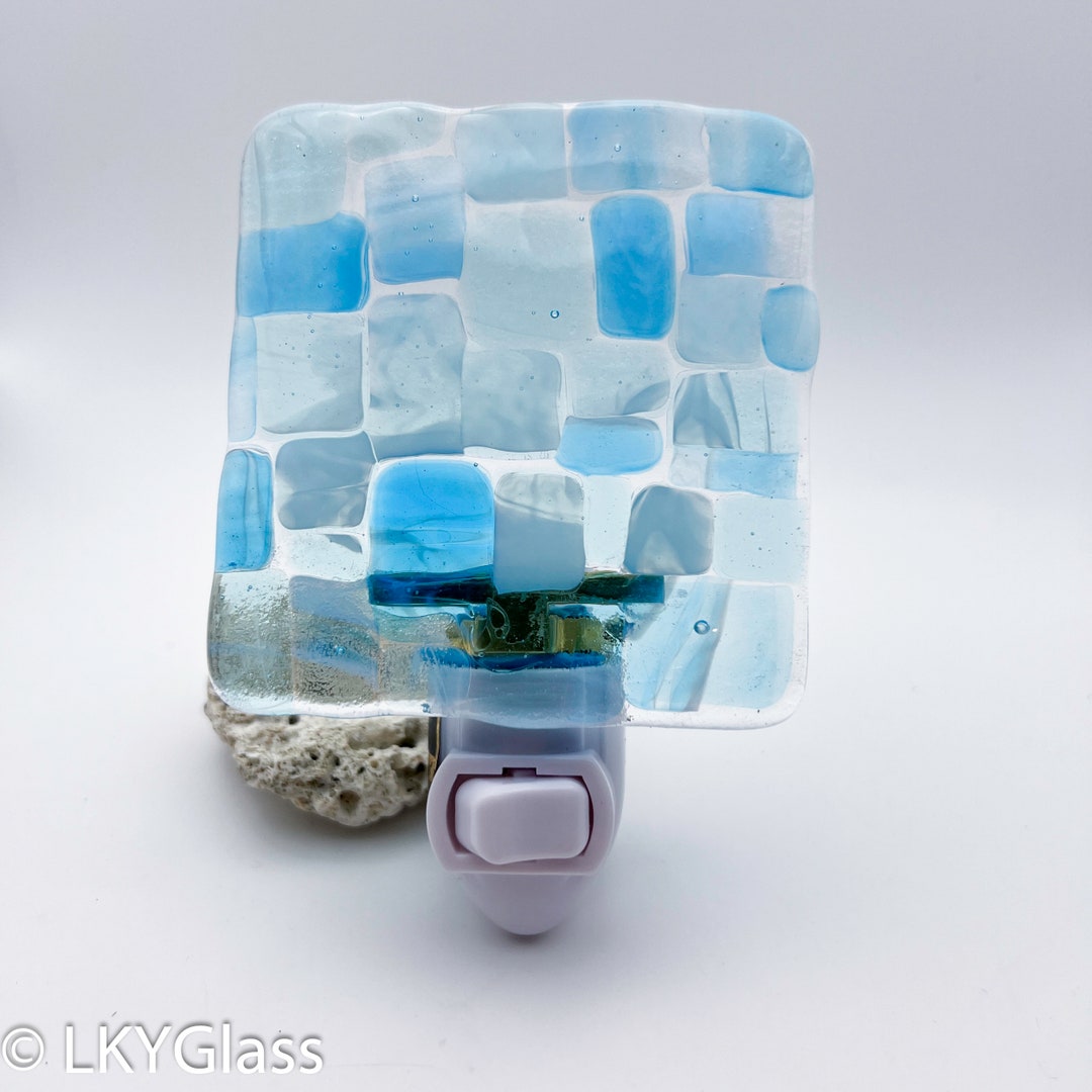 Checkered Turquoise Blue Mosaic Night Light, Aqua Blue Fused Glass ...