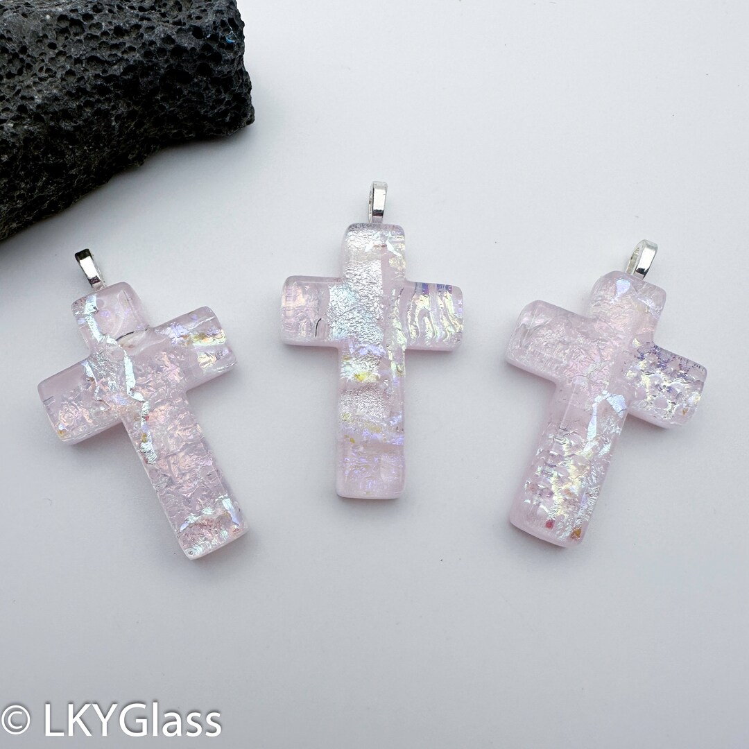Sparkling Pastel Pink Dichroic Glass Cross Necklace, Handmade Fused ...