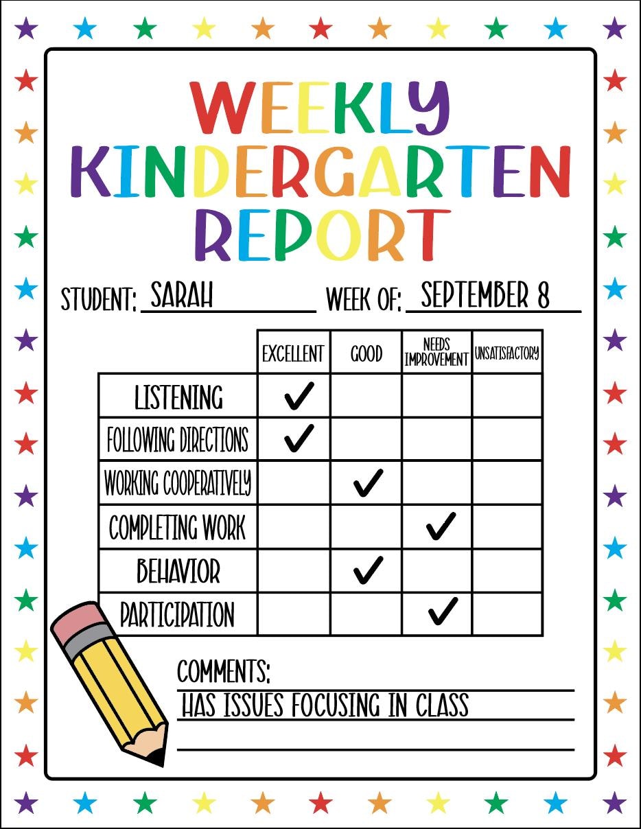 Kindergarten Weekly Behavior Report - Etsy