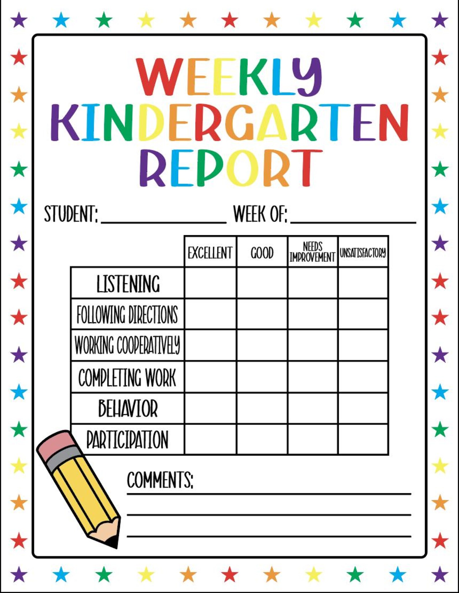 Kindergarten Weekly Behavior Report - Etsy