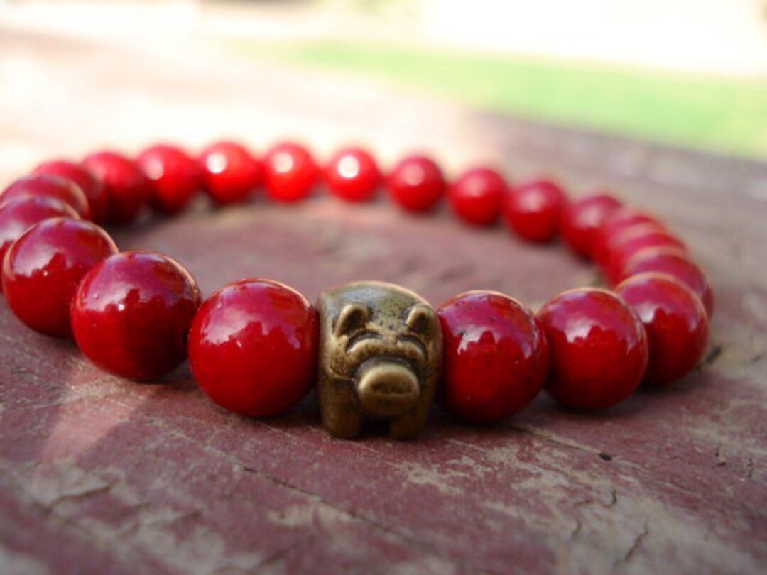 Red Riverstone Pig Bracelet: Bronze Farm Animal Jewelry - Etsy