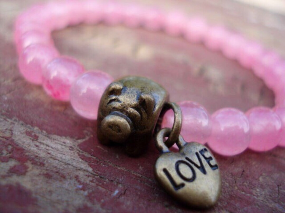 Pink Glass Beaded Pig Bracelet: Bronze Pig & Heart Charm - Etsy