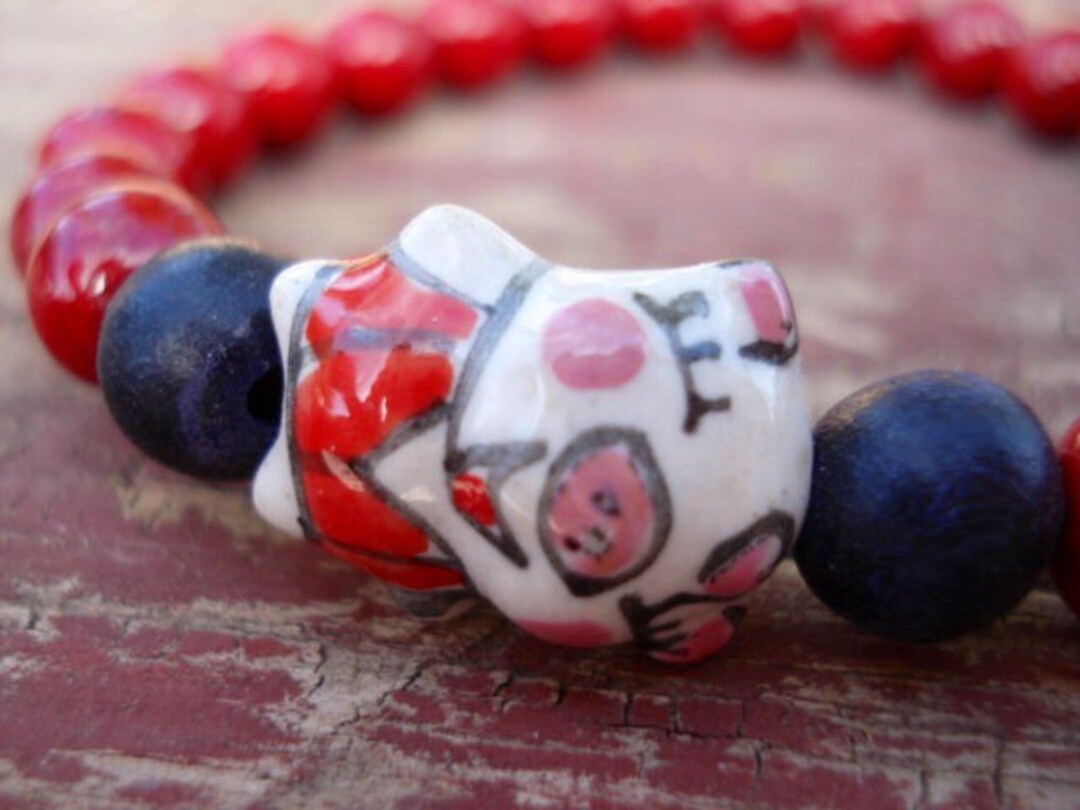 Porcelain Pig Bracelet: Red Riverstone & Wood Bead Animal Jewelry - Etsy