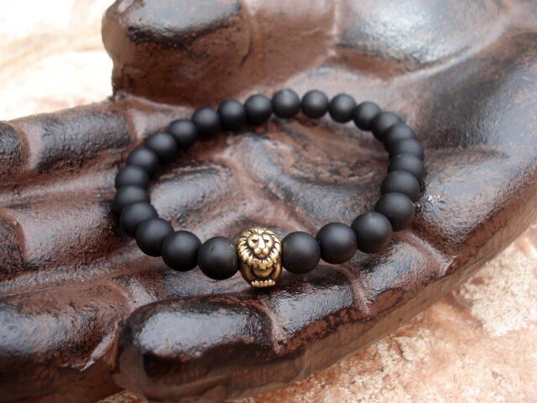 Matte Black Onyx Bracelet With Antique Brass Lion - Etsy
