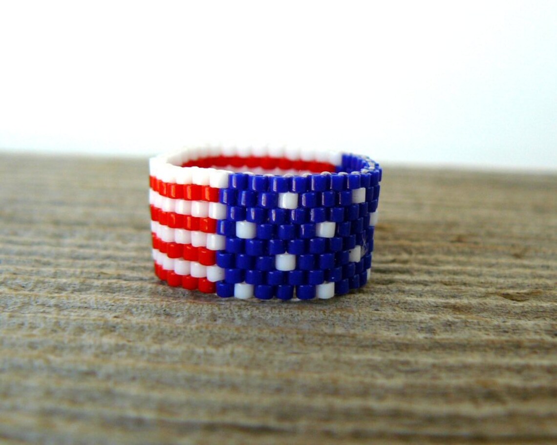 American Flag Ring, Red, White, and Blue Bead Ring, U.S. Flag Beaded ...