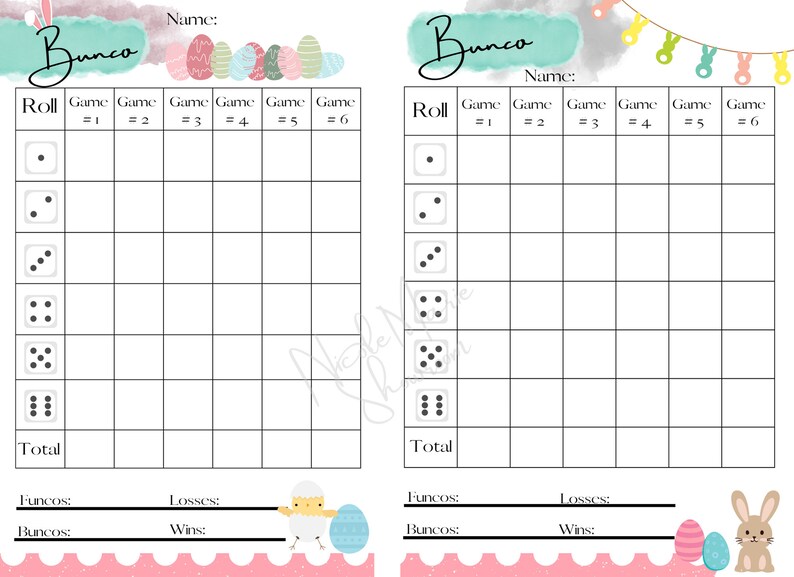 Bunco Scorecards; Easter Bunco; Bunco Night; Bunco Tally Sheets ...