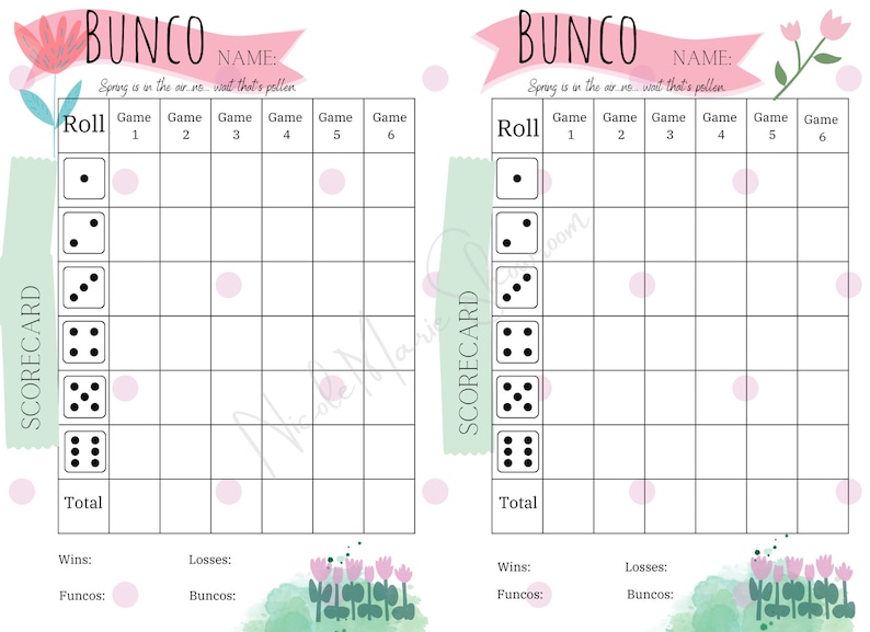 Bunco Scorecards; Bunco Spring Theme; Bunco Night; Bunco Tally Sheets ...
