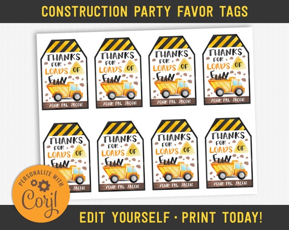 Construction Party Printable Favor Tags